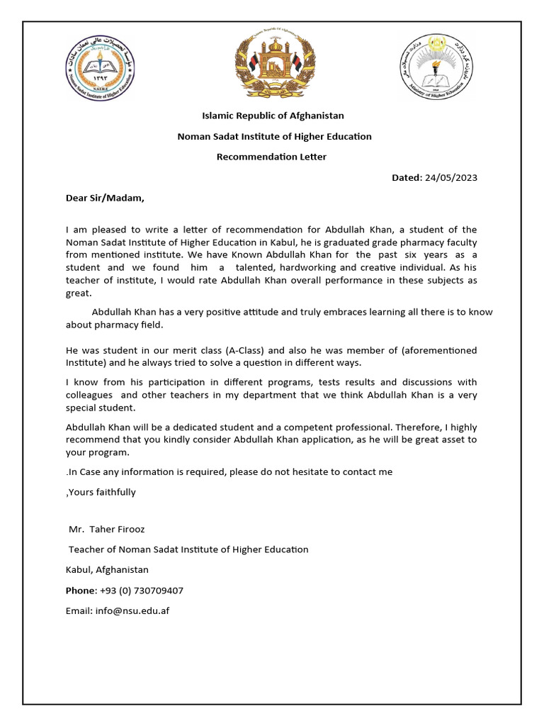 Recommendation Letter for Abdullah Khan | PDF