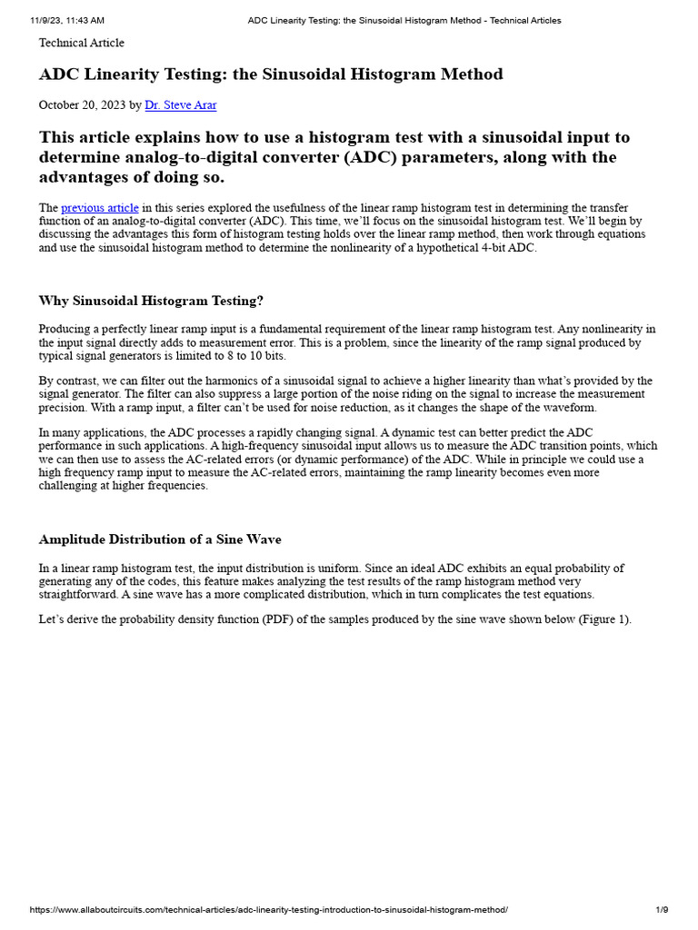 Adc Linearity Testing The Sinusoidal Histogram Method Technical Articles Pdf Analog To