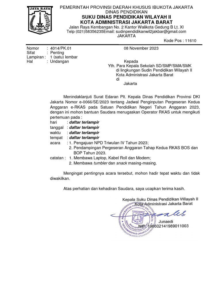 Surat Undangan Rakor Pergeseran Anggaran Tahap Kedua Tahun 2023 | PDF