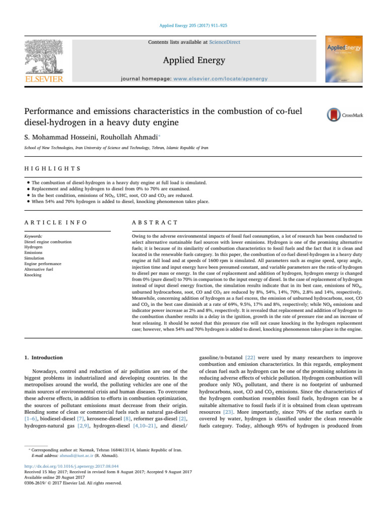 Performance And Emissions Characteristics In The Combustion Of Co Fuel Diesel Hydrogen In A