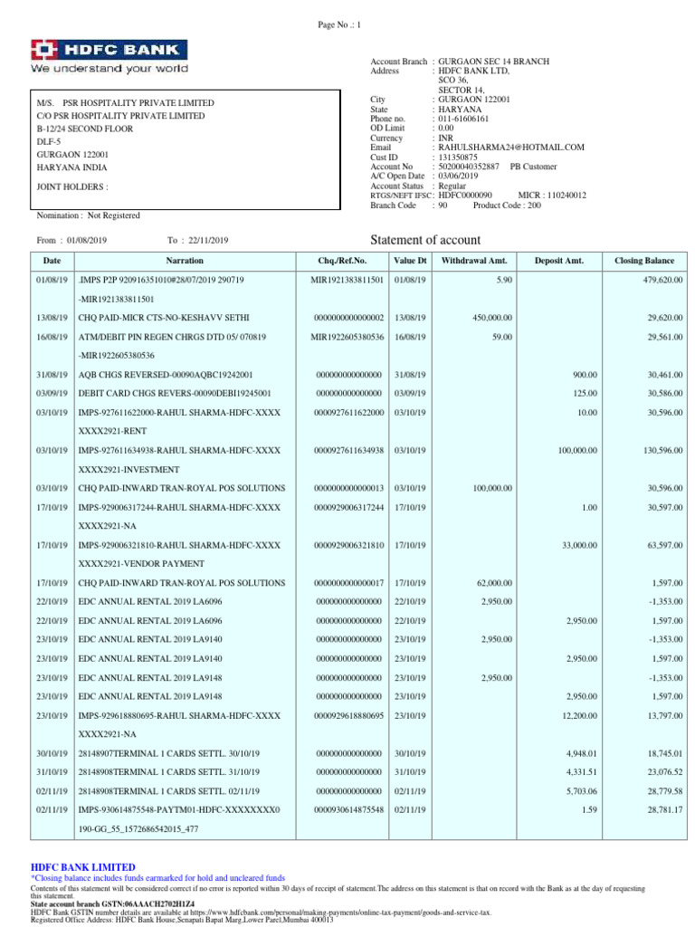 Statement of Account: Date Narration Chq./Ref - No. Value DT Withdrawal ...
