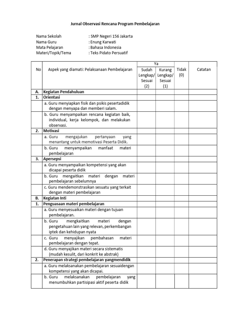 JURNAL RENCANA OBSERVASI ENUNG KARWATI Revisi | PDF