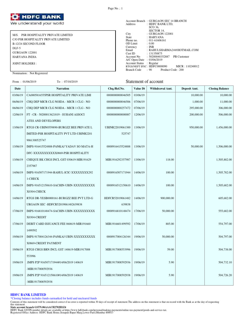 Statement of Account: Date Narration Chq./Ref - No. Value DT Withdrawal Amt. Deposit Amt ...