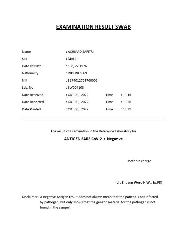 Examination Result Swab: Antigen Sars Cov-2: Negative | PDF | Causes Of ...