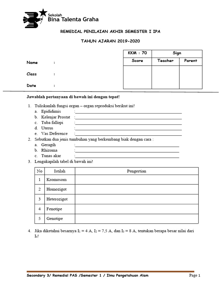 REMEDIAL PENILAIAN AKHIR SEMESTER I IPA SC 3 | PDF