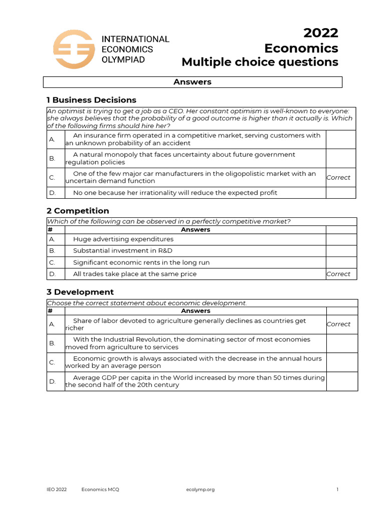 Economics MCQs for Class 11 IEO 2022 | PDF | Labour Economics | Monopoly