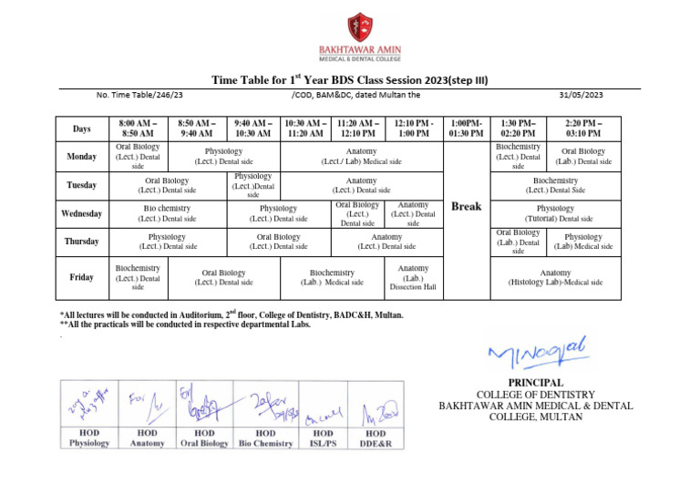 Time Table For 1st Year BDS Class Session 2023 (Stepiii) | PDF | Dental ...