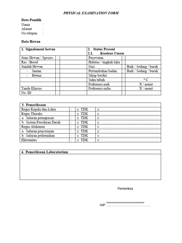 Physical Examination Form Hewan Kelompok | PDF
