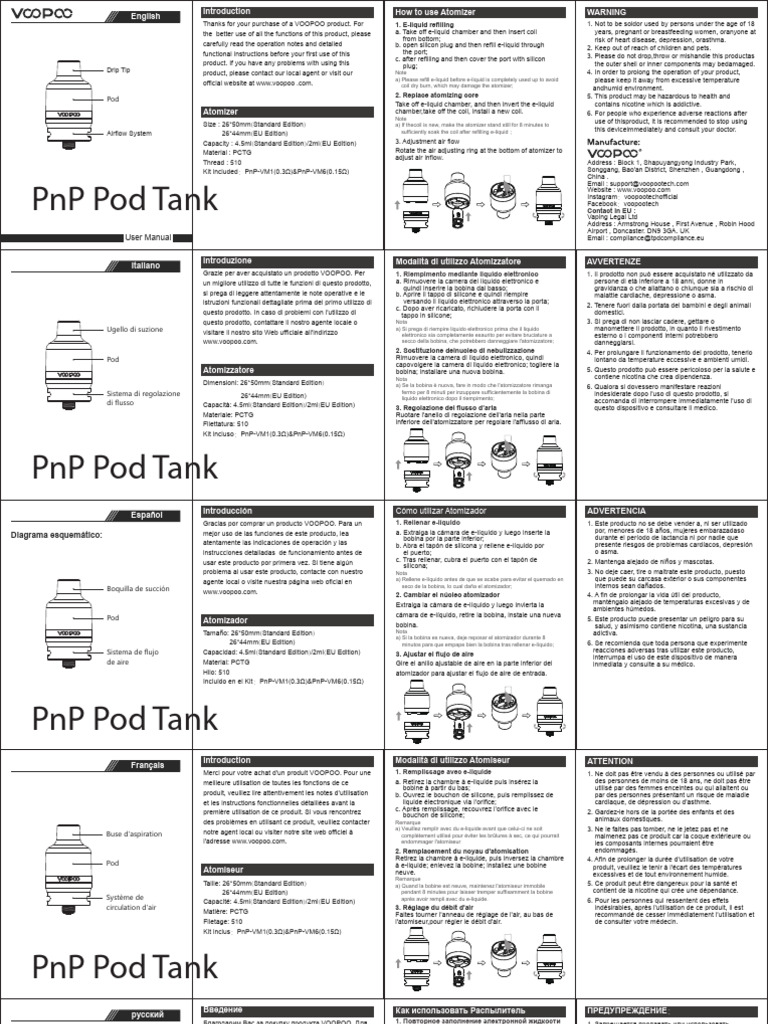 PNP Pod Tank - User - Manual | PDF | Smoking | Herbal And Fungal Stimulants