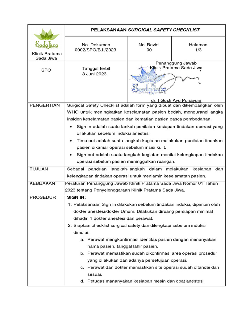 Spo Pelaksanaan Surgical Safety Checklist | PDF