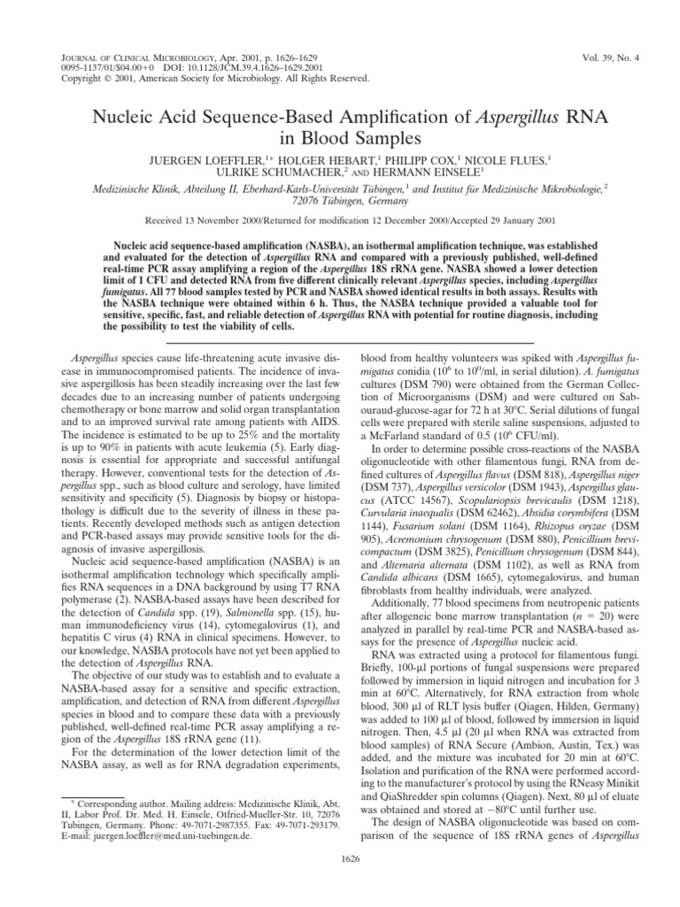 2001-Nucleic Acid Sequence-Based Amplification of Aspergillus RNA | PDF ...