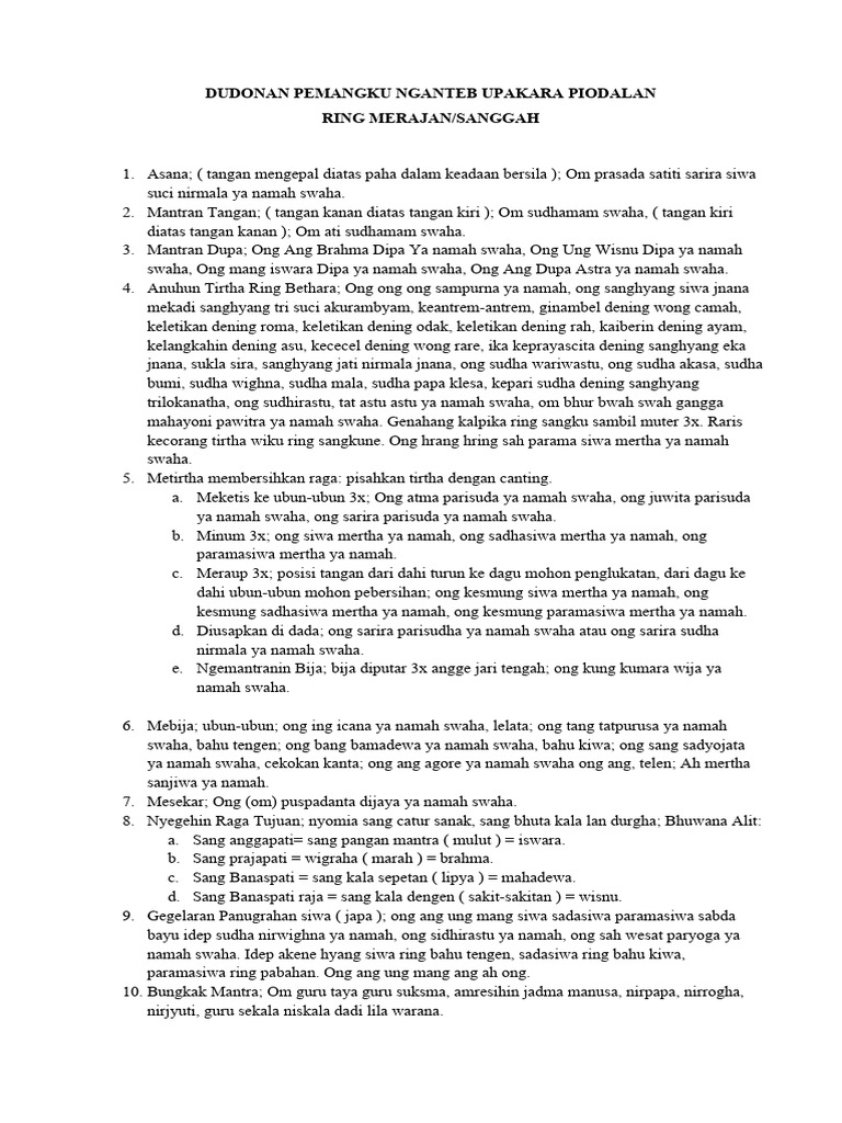 Dudonan Pemangku Nganteb Upakara Piodalan | PDF