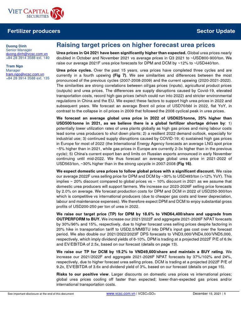 Raising Target Prices On Higher Forecast Urea Prices: Fertilizer ...