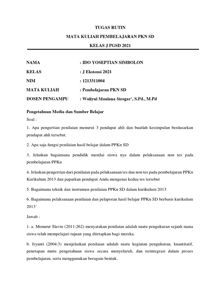 Tugas Rutin - PKN SD - Ido | PDF