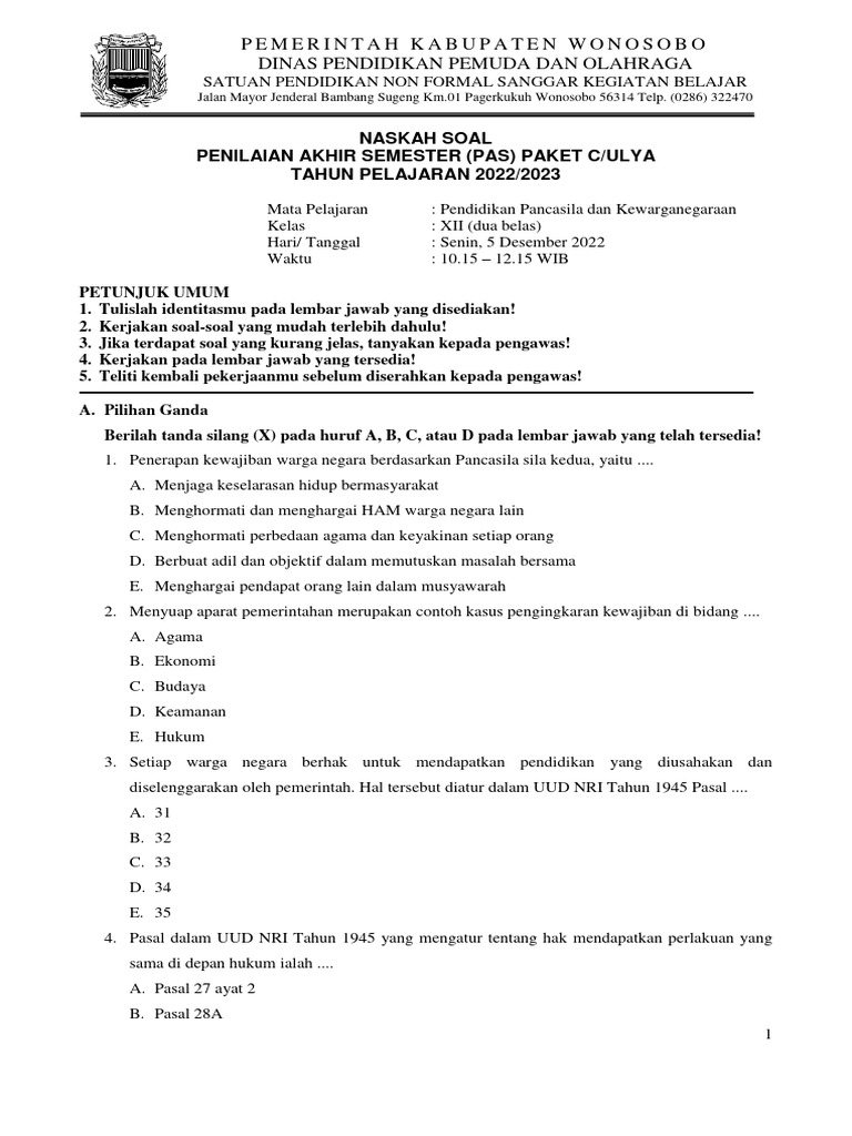 SOAL PAS PKN KELAS XII 2022-2023 | PDF