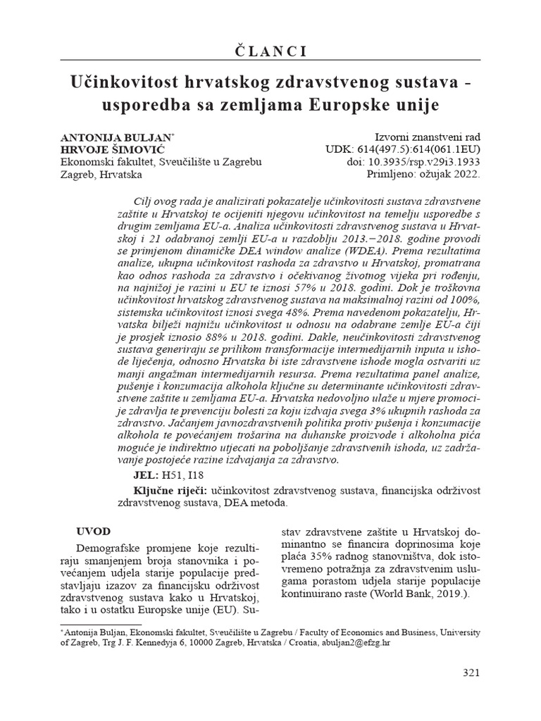 Učinkovitost Hrvatskog Zdravstvenog Sustava - Usporedba Sa Zemljama Europske Unije | PDF