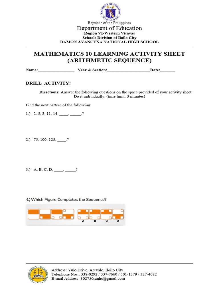 Mathematics 10: Arithmetic Sequences Worksheet | PDF | Mathematical ...