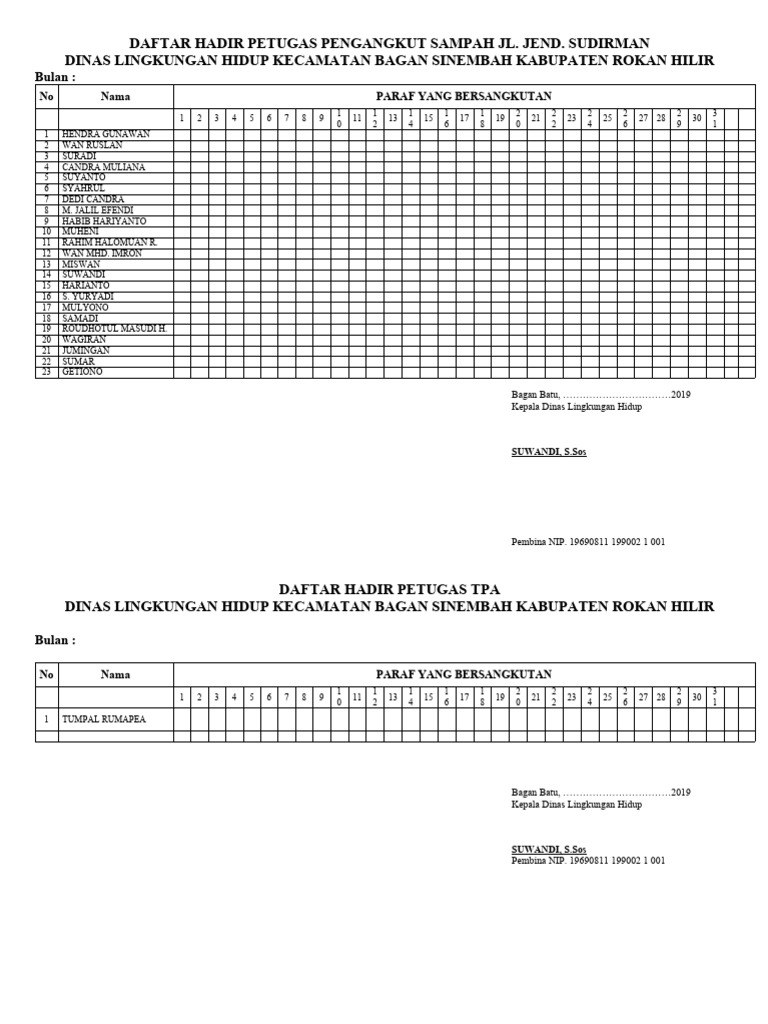 Absensi Dinas Lingkungan Hidup | PDF
