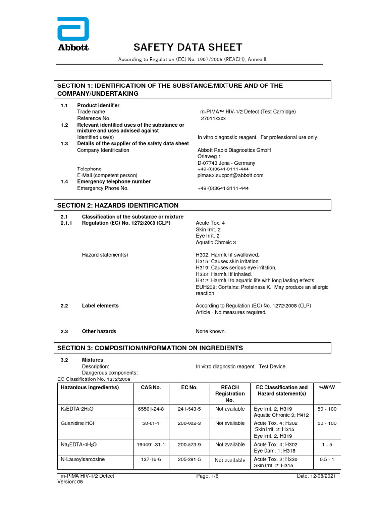 MSDS - M-PIMA HIV-12 DETECT TEST CARTRIDGE - EN v06 MSDS - m-PIMA HIV ...