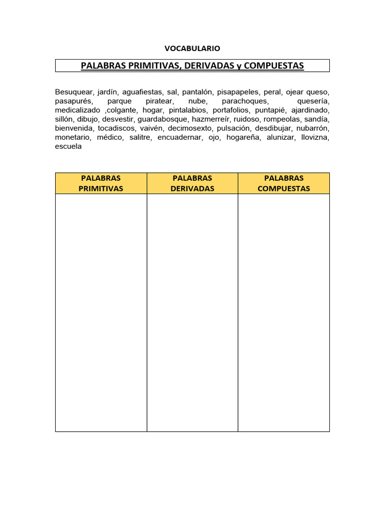 Palabras Primitivas, Derivadas, Compuestas | PDF