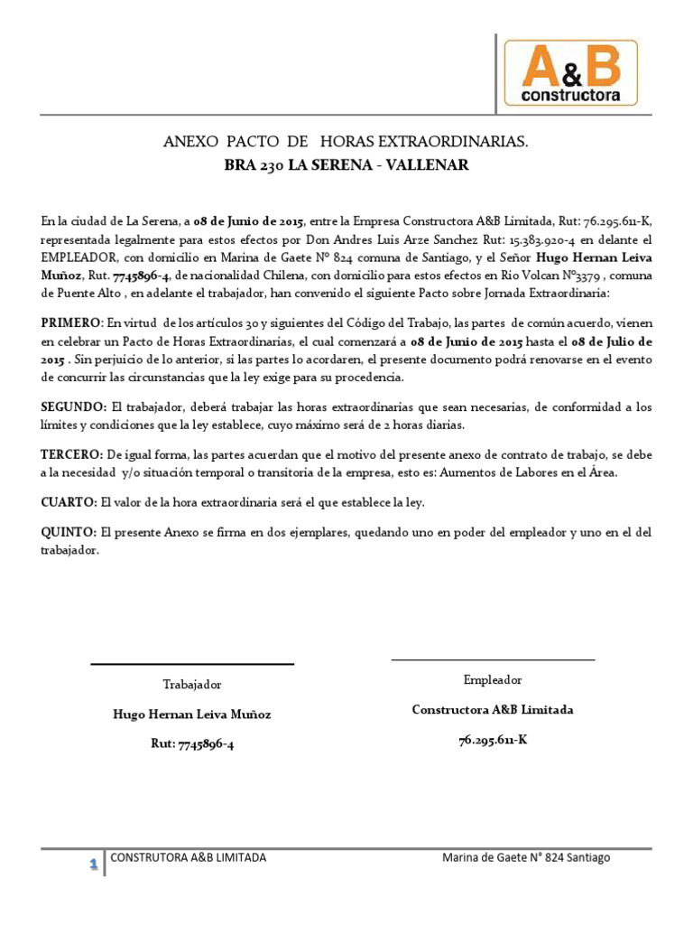 Anexo Pacto de Horas Extraordinarias | PDF | Santiago | Chile Anexo Pacto de Horas Extraordinarias | PDF | Santiago | Chile