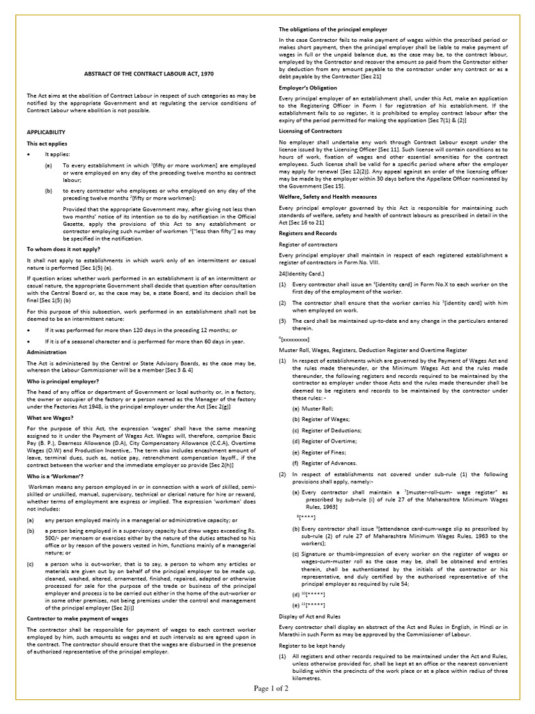 Contract Labour Act 1970 Overview | PDF | Employment | Wage