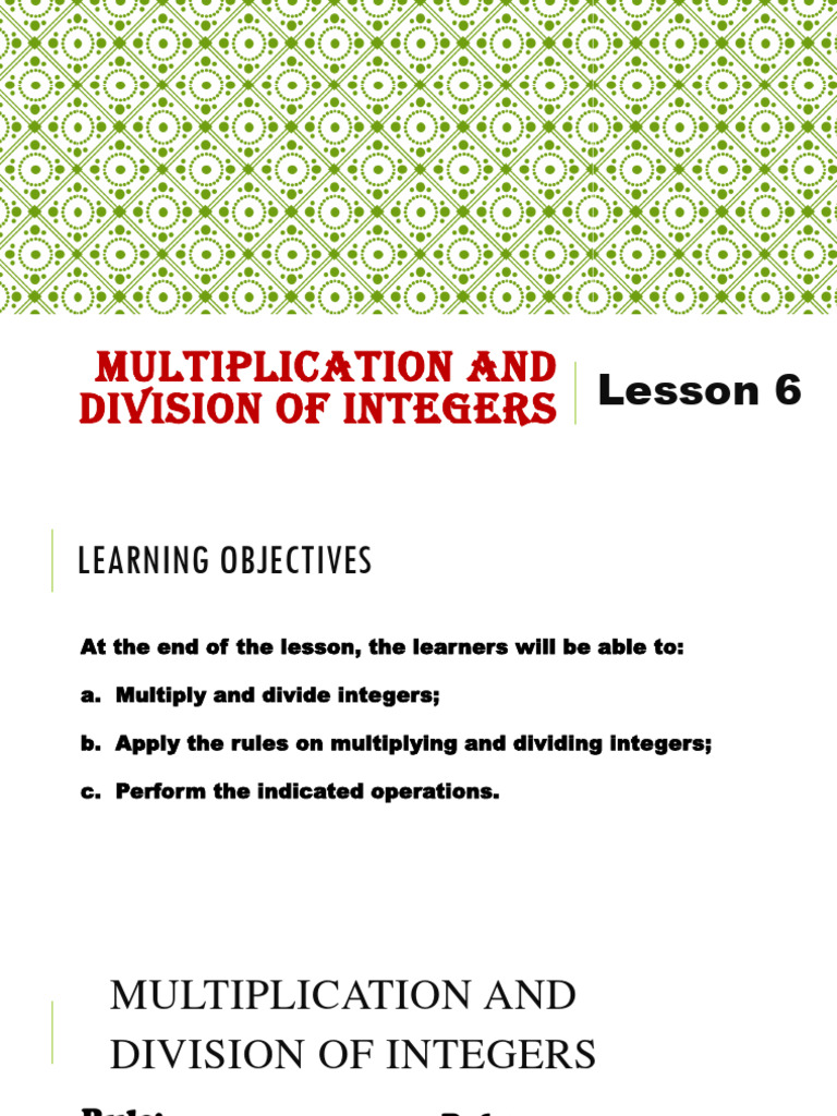 Lesson 6 Multiplication and Division of Integers | PDF | Career ...