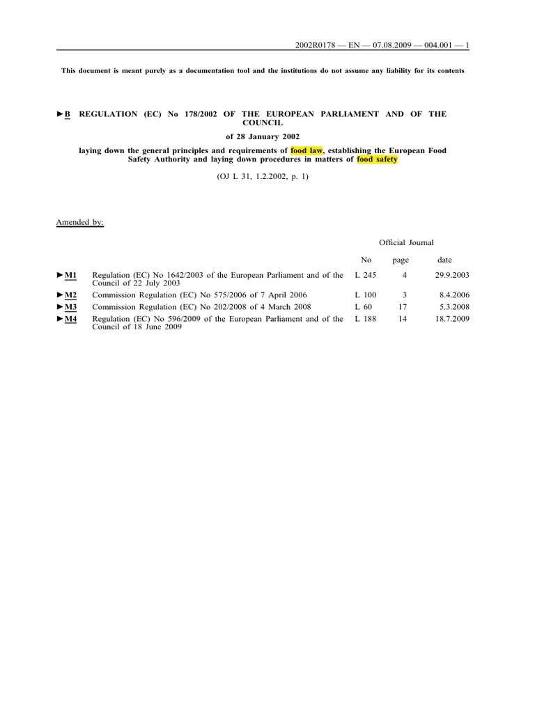Traceability - (EC) No. 178-2002 | PDF | Risk | Risk Assessment