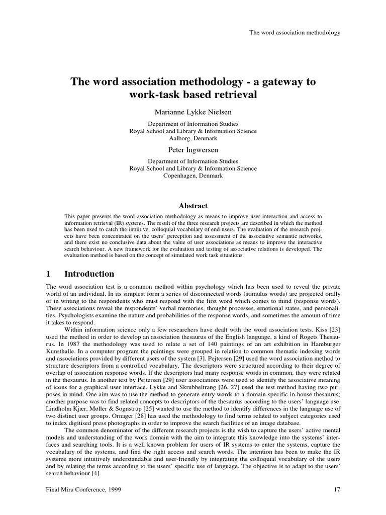 The Word Association Methodology - A Gateway To Work-Task Based Retrieval | Download Free PDF ...
