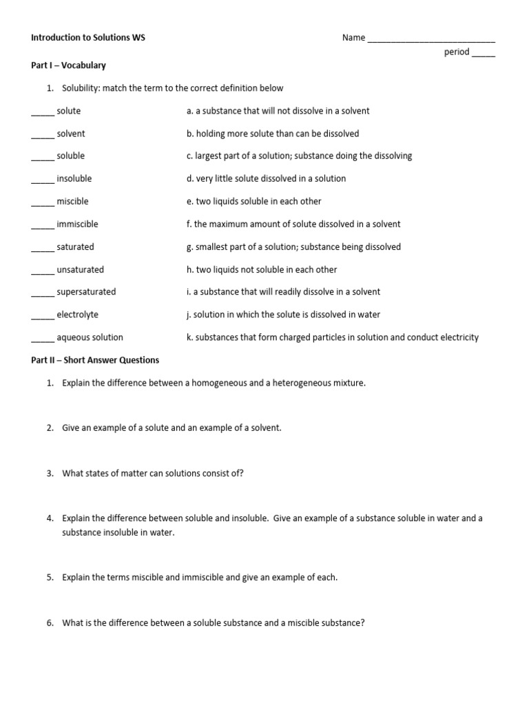 Introduction To Solutions WS Part I - Vocabulary | PDF | Solubility ...