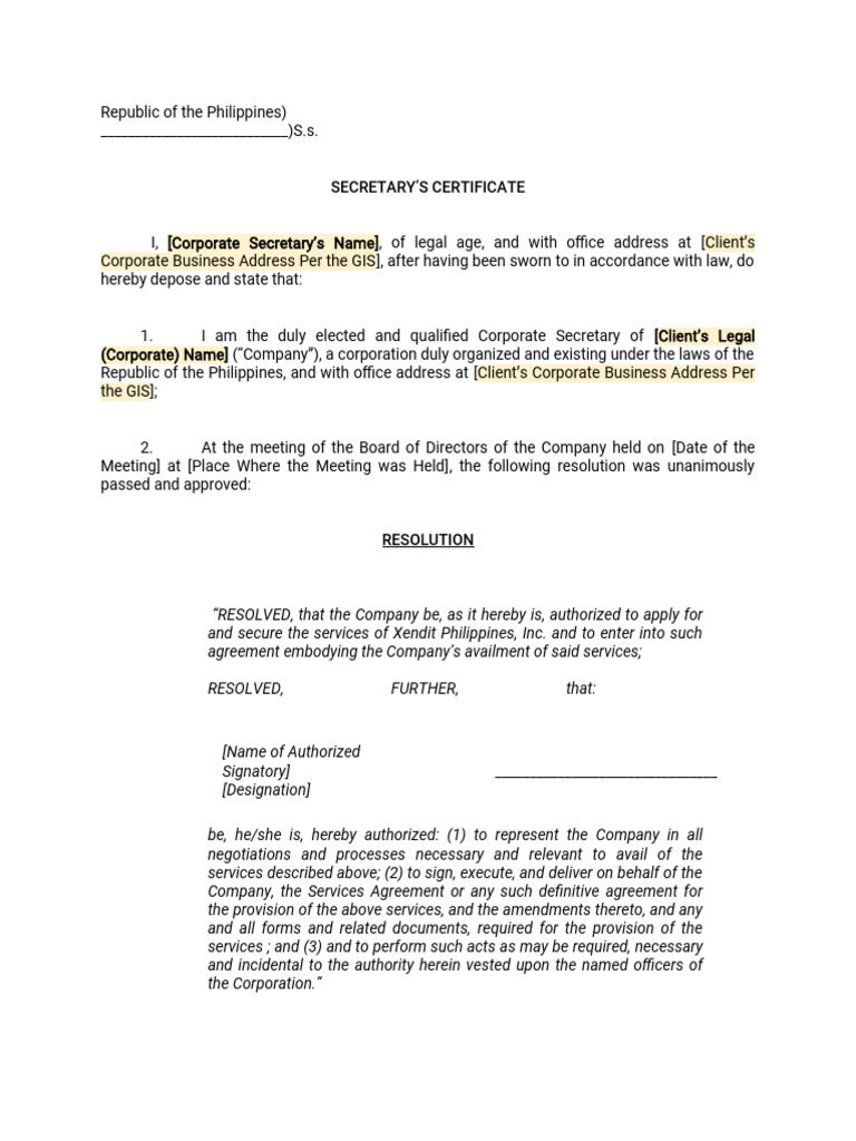 Secretary's Certificate (Template) - V2 | PDF | Civil Law (Common Law ...
