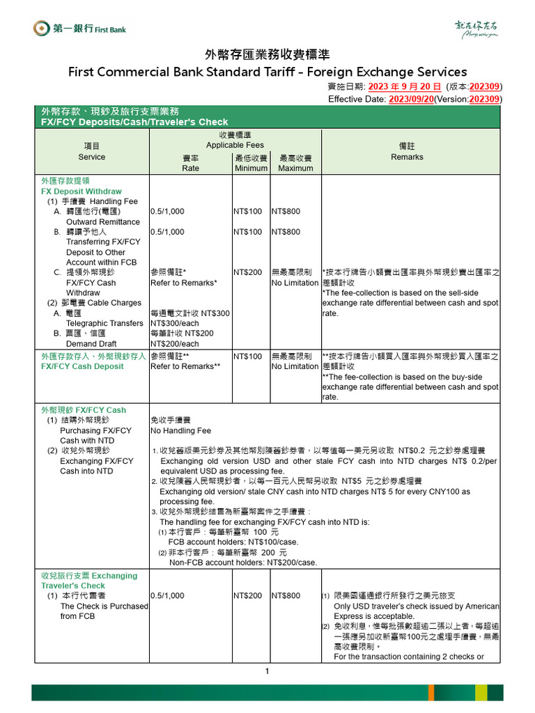 Foreign Exchange Service Fees | PDF | Cash | Cheque