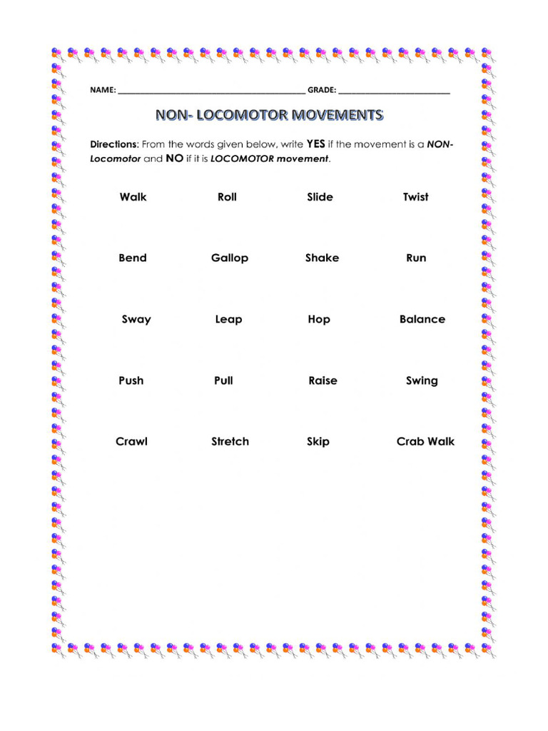 Locomotor and Non Locomotor Worksheet For Grade 1 | PDF