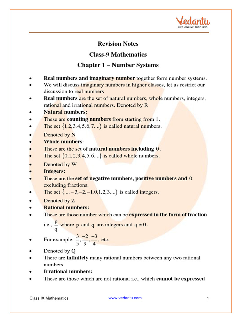 Number Systems Cla.s 9 Notes CBSE Maths Chapter 1 (PDF) | Download Free ...