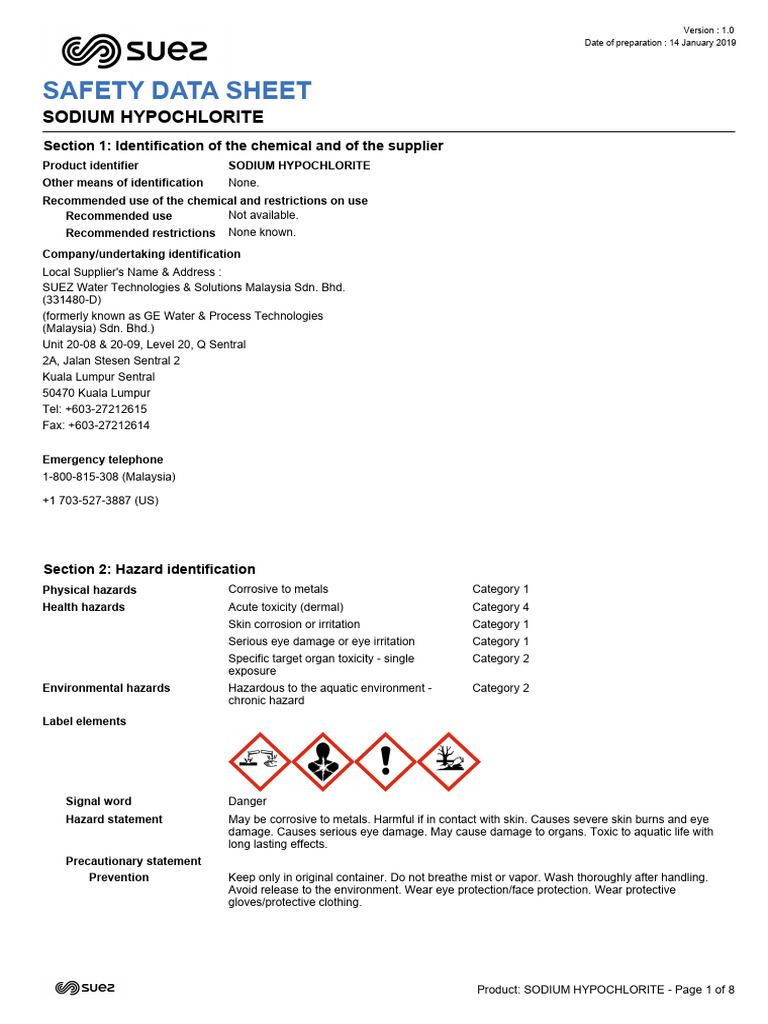 SDS - Sodium Hypochlorite - Veolia | PDF | Toxicity | Waste