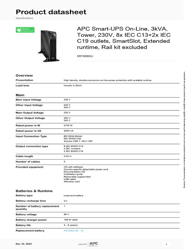 APC Smart-UPS 3kVA Datasheet | PDF | Electrical Engineering | Electricity