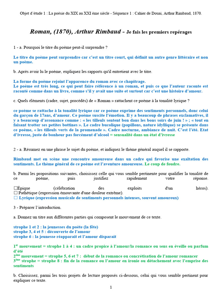 Analyse du poème "Roman" de Rimbaud | PDF | Romans | Amour