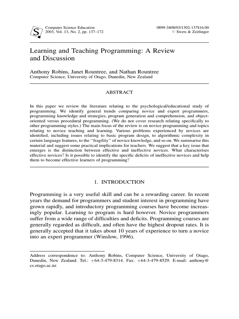 (1683) Robins - Learning and Teaching Programming - A Review and Discussion | PDF | Computer ...