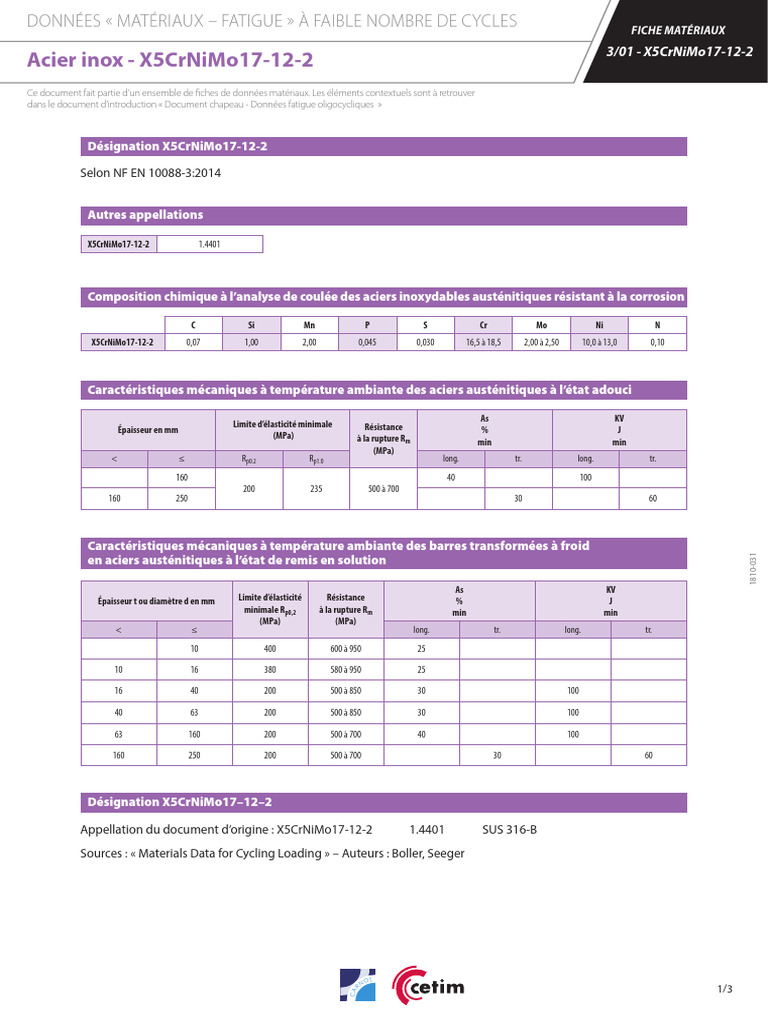 Fiche technique X5CrNiMo17-12-2 | PDF | Acier | Acier inoxydable