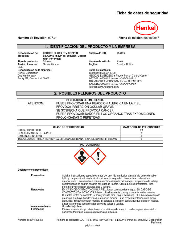 Ficha de Seguridad LOCTITE SI 5920 | PDF | Agua | Formaldehído