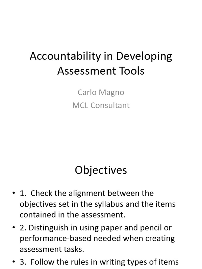 Accountability in Developing Assessment Tools: Carlo Magno MCL Consultant | PDF | Multiple ...