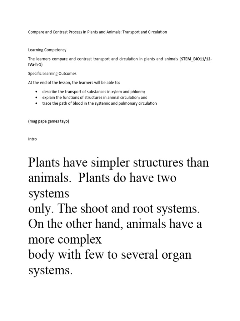 Compare and Contrast Process in Plants and Animals | PDF | Atrium ...