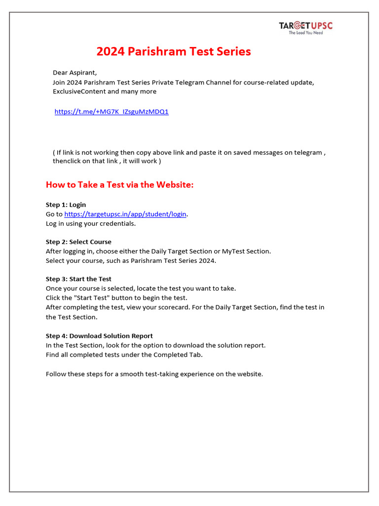 Parishram Test Series Instructions Batch 2 | PDF
