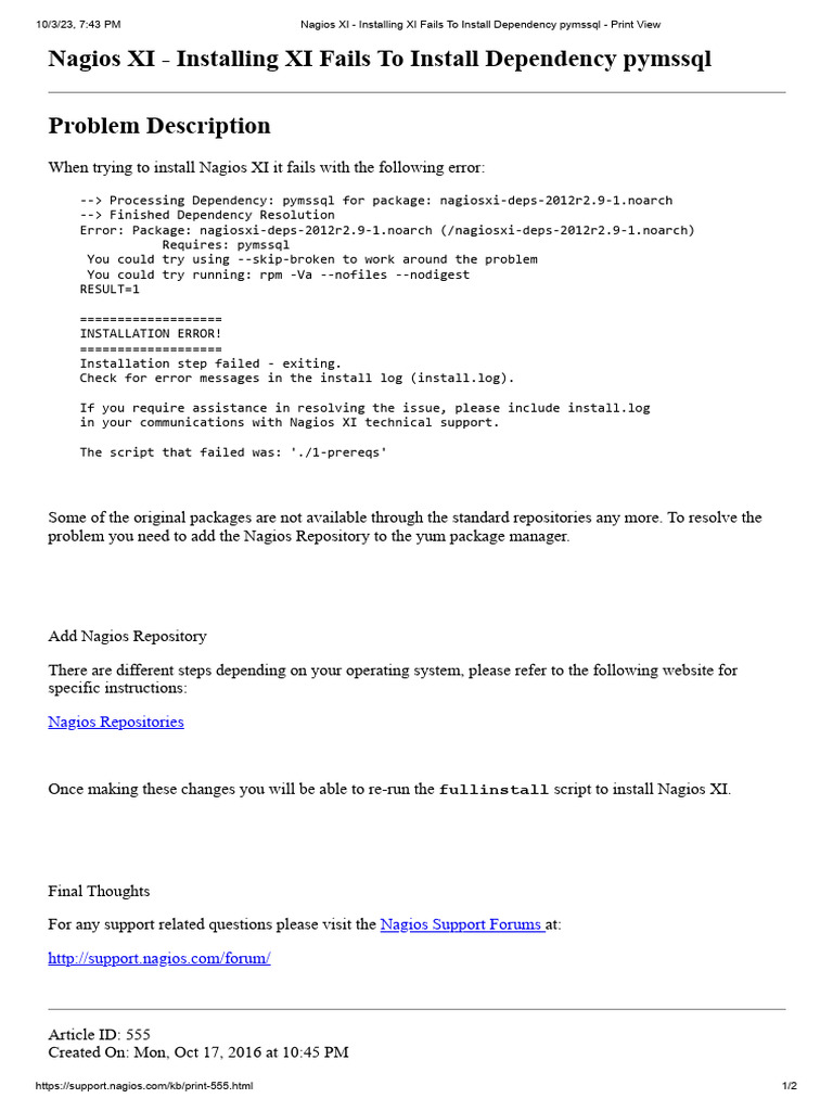 Nagios Xi Installing Xi Fails To Install Dependency Pymssql Print View Pdf Business