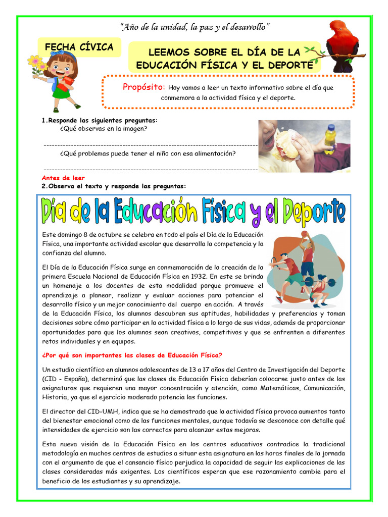 FICHA-JUEV 05-FECHA CÍVICA-LEEMOS SOBRE EL DÍA DE DEPORTE- | PDF ...