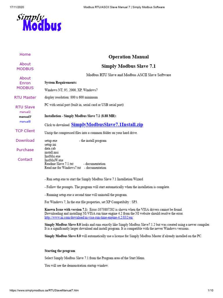 Modbus RTU - ASCII Slave Manual 7 - Simply Modbus Software | PDF | Computing | Computer Engineering