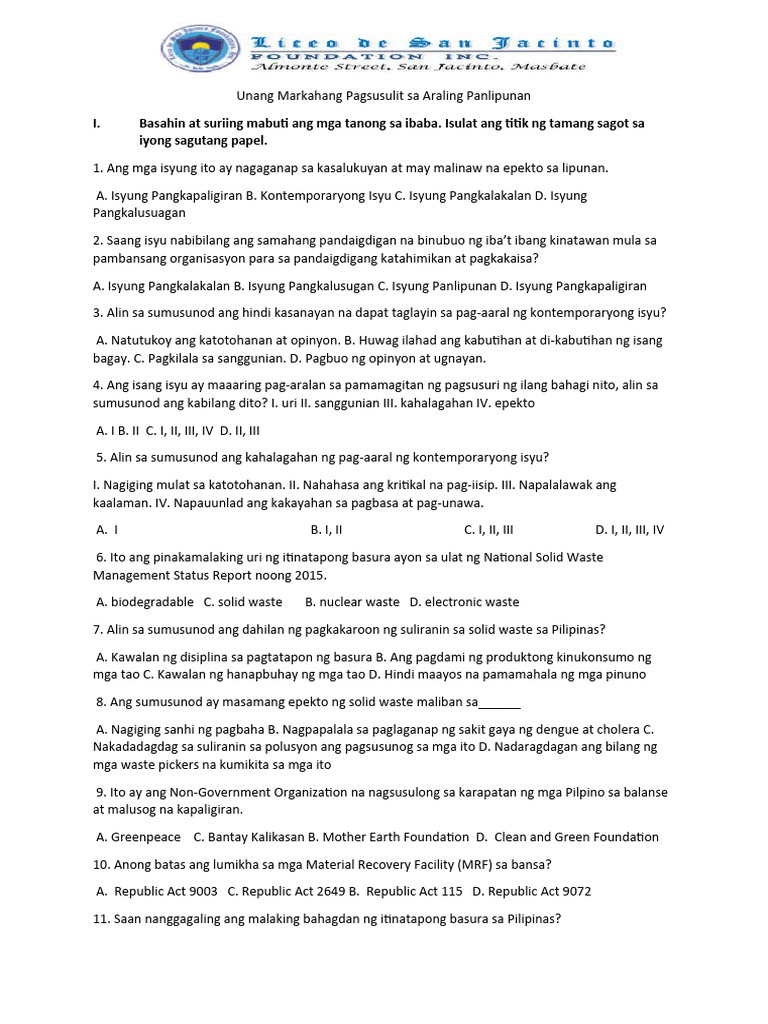 Unang Markahang Pagsusulit Sa Araling Panlipunan | PDF