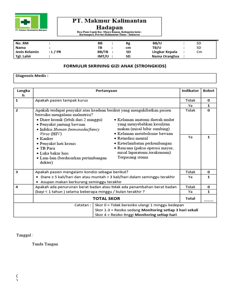 FORMULIR SKRINING GIZI Anak STRONGKIDS | PDF