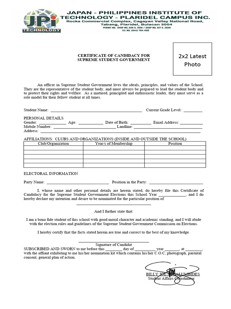 Certificate of Candidacy For The Supreme Student Government | PDF ...