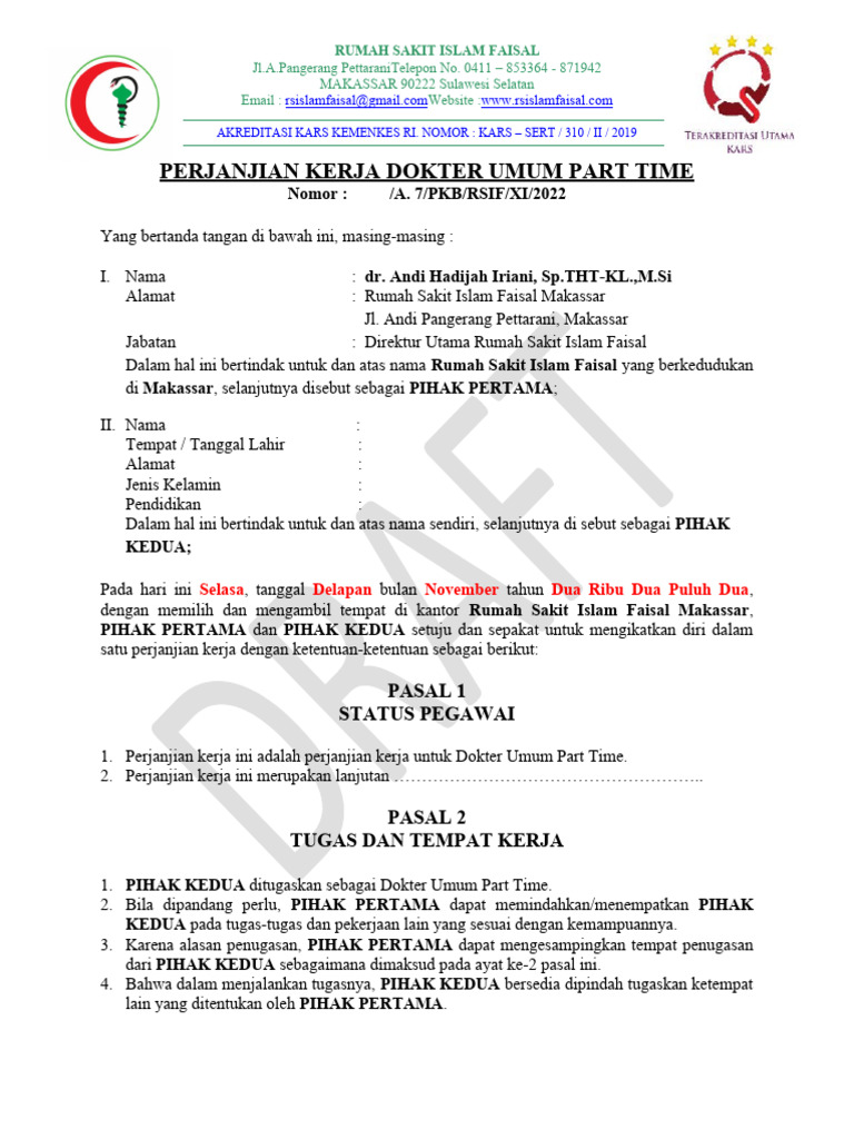 PERJANJIAN KERJA DOKTER UMUM Part Time | PDF